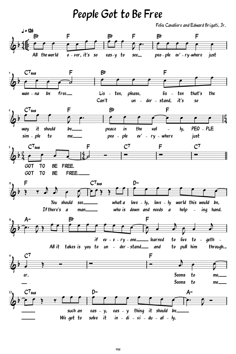 People Got to Be Free (Lead sheet with lyrics ) Sheet Music with Chords ...
