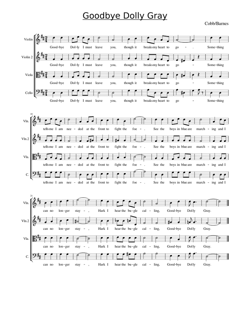 Goodbye Dolly Gray Sheet music for Violin, Viola, Cello (String Quartet ...