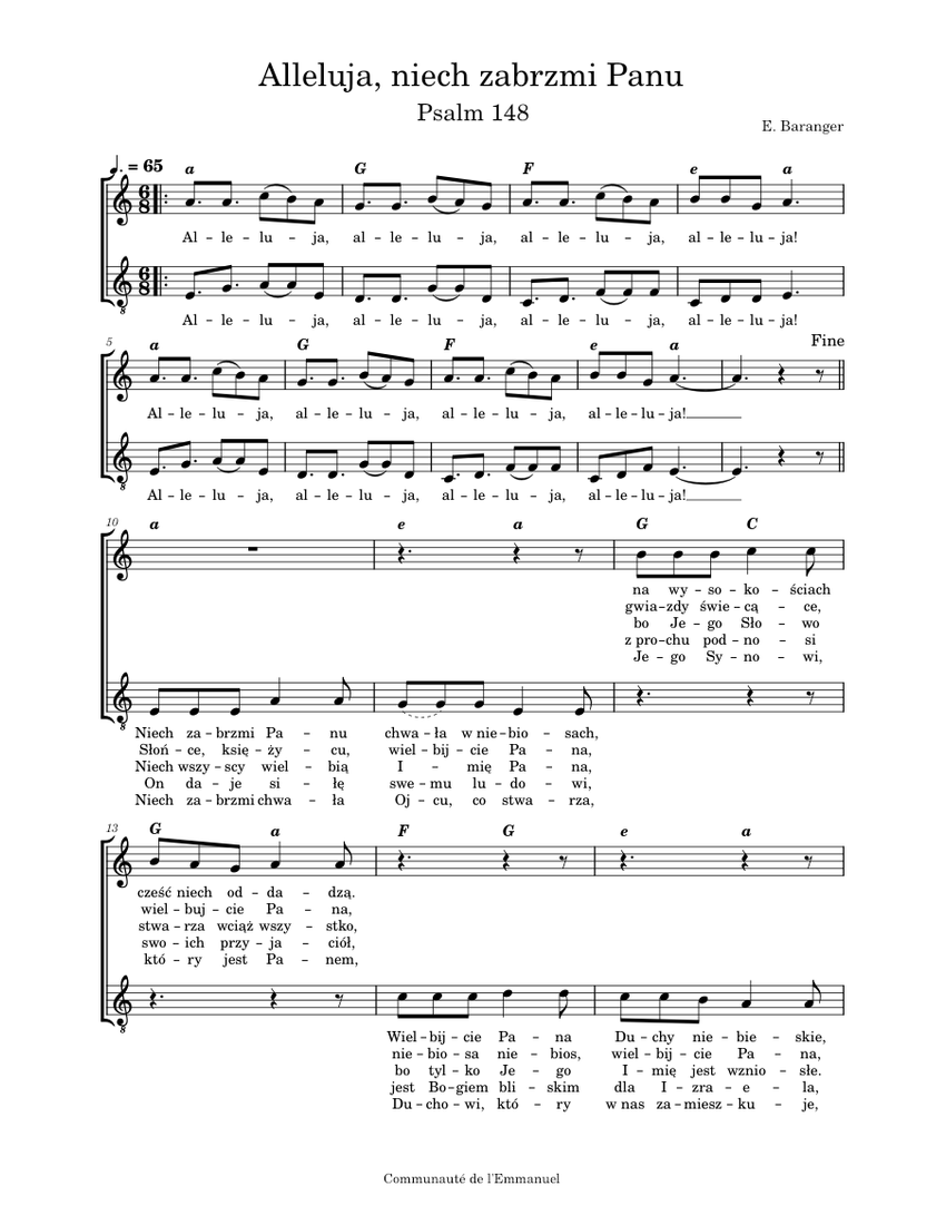 Alleluja, niech zabrzmi Panu (Psalm 148) – E. Baranger Sheet music for Female (Solo) | Musescore.com
