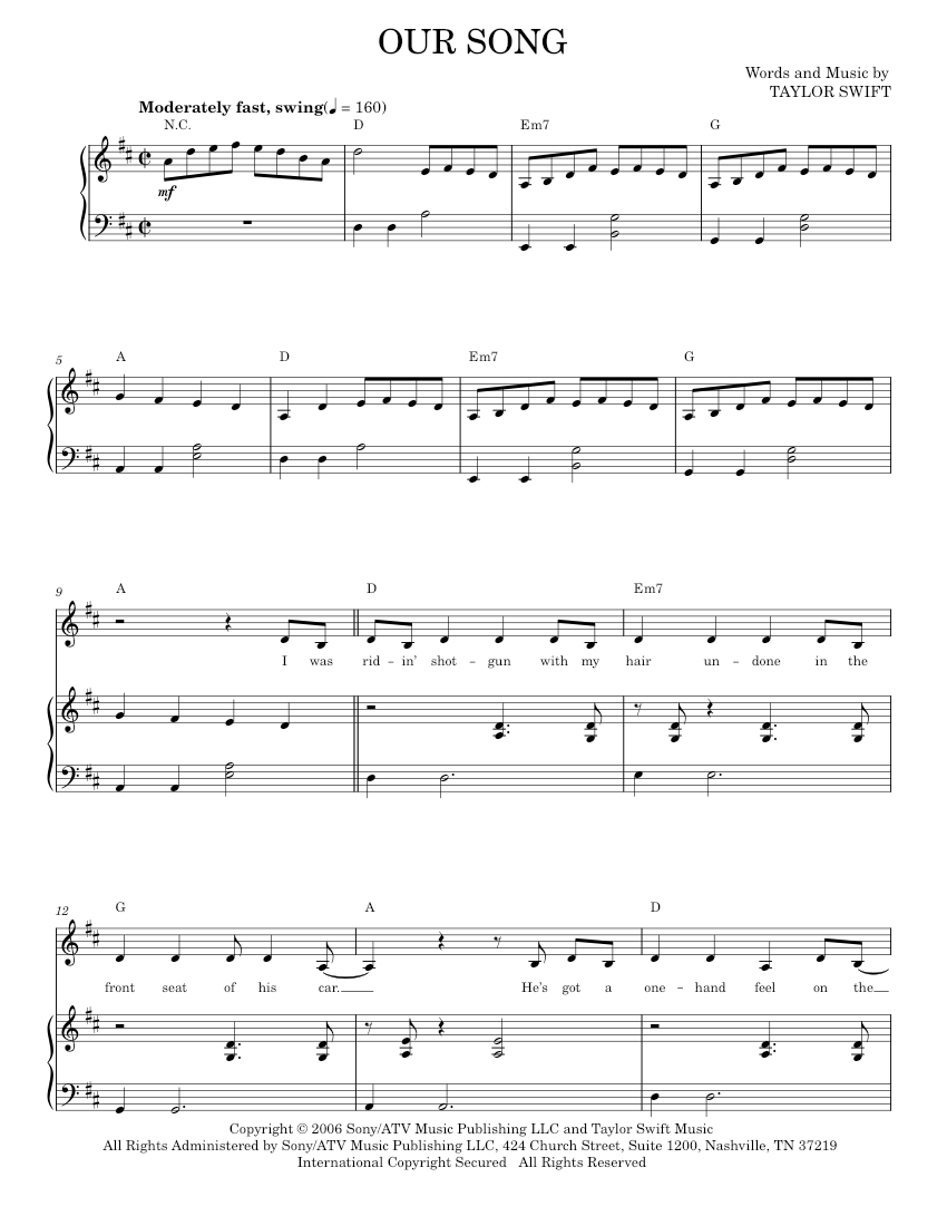 our song Sheet music for Piano, Vocals by Taylor Swift Official ...