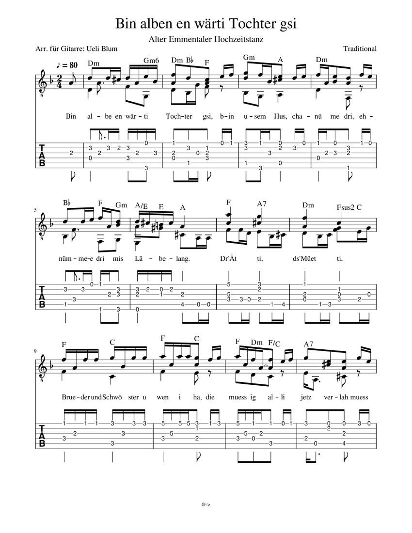 Bin alben en waerti Tochter gsi Sheet music for Guitar (Solo ...