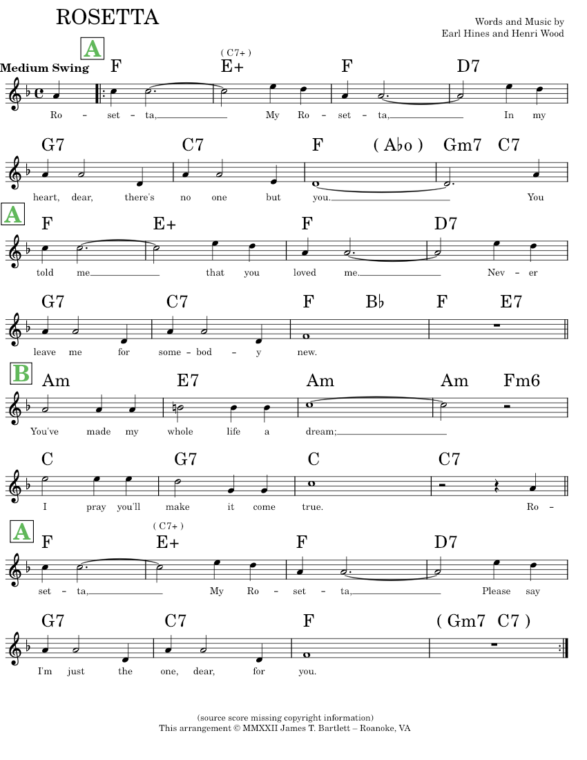 Rosetta - Lead Sheet with 1930's style chords – Earl Hines Sheet Music ...