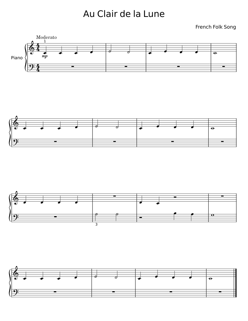 AU CLAIR DE LA LUNE - Traditional French Folk Song Sheet Music for ...