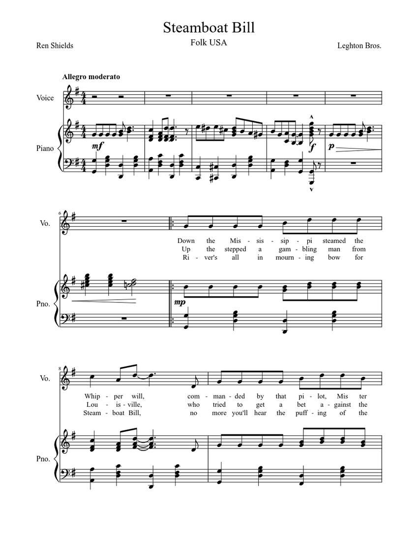 Steamboat Bill Sheet music for Piano, Voice (other) (Piano-Voice ...
