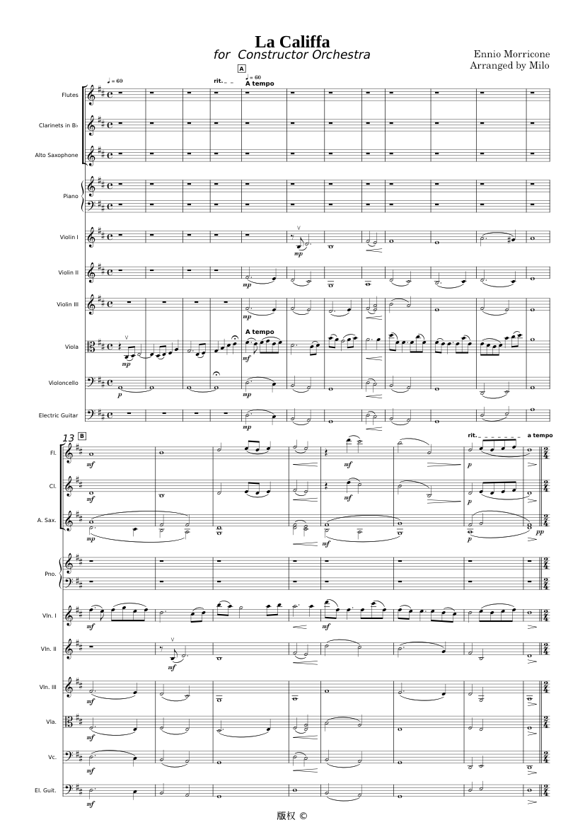 La Califfa Sheet Music for Piano, Flute piccolo, Saxophone alto, Violin ...