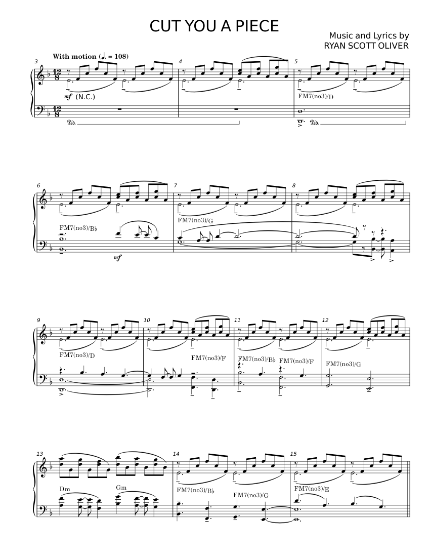 CUT YOU A PIECE - RYAN SCOTT OLIVER Sheet Music with Chords for Piano ...