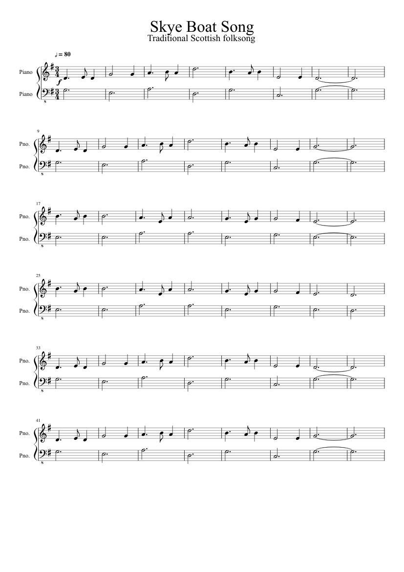 The Skye boat song (Outlander theme song) Sheet Music for Piano (Piano ...