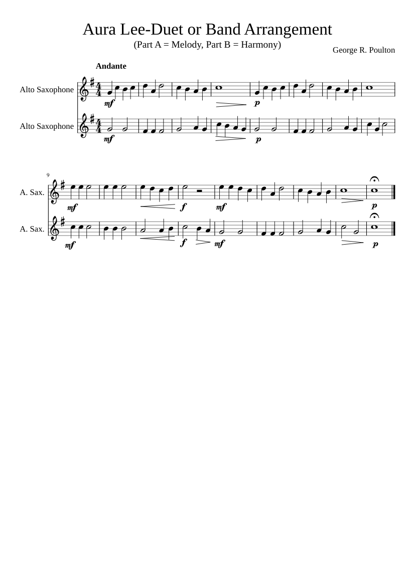 Aura Lee – George R. Poulton Aura Lee-Duet for Strings Sheet music for ...