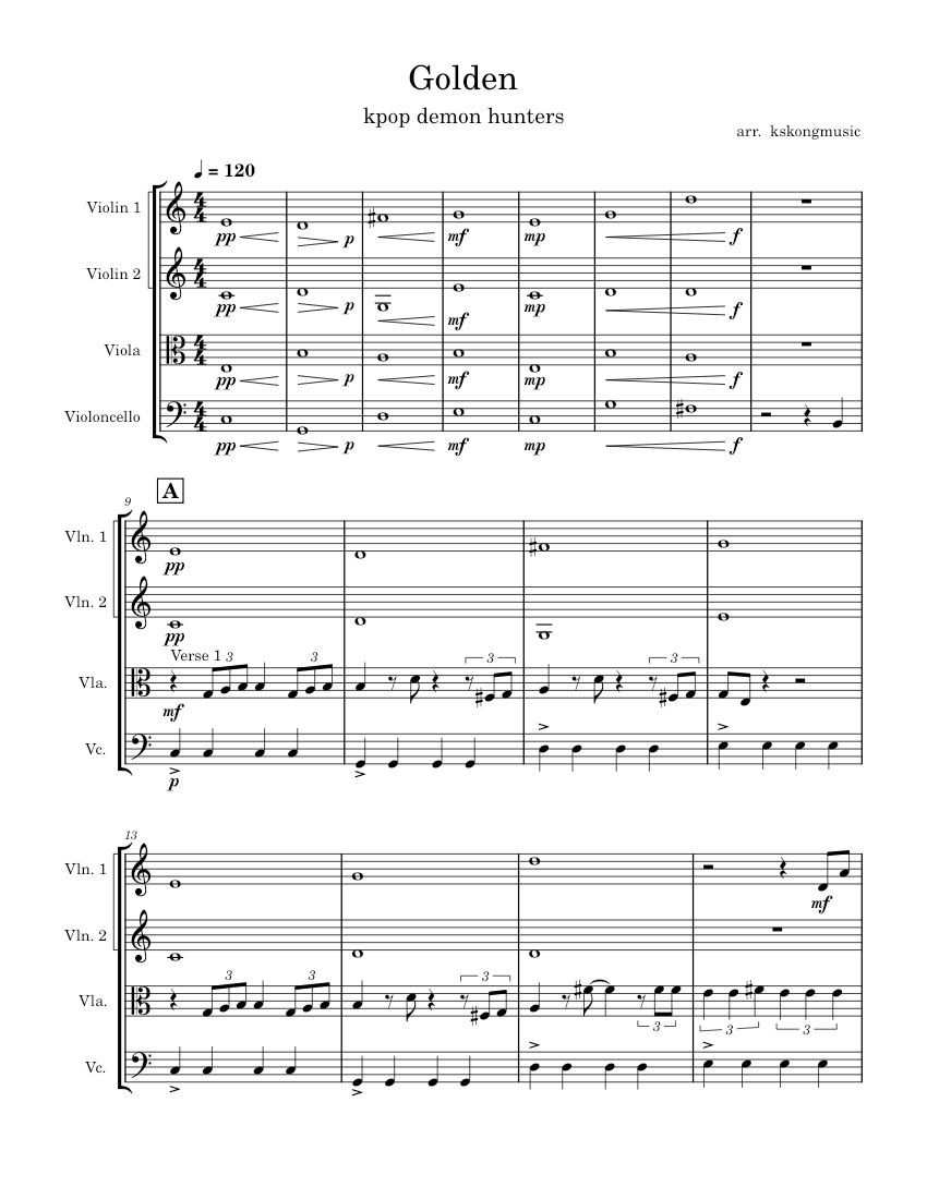 kpop demon hunters - Golden - HUNTR/X Sheet Music for Violin, Viola, Cello (String Quartet ...