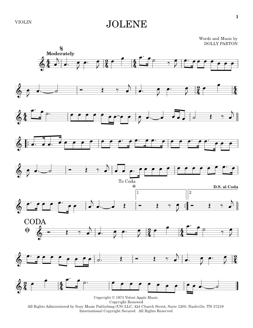 Play Official version of Jolene Sheet Music by Dolly Parton for Violin ...