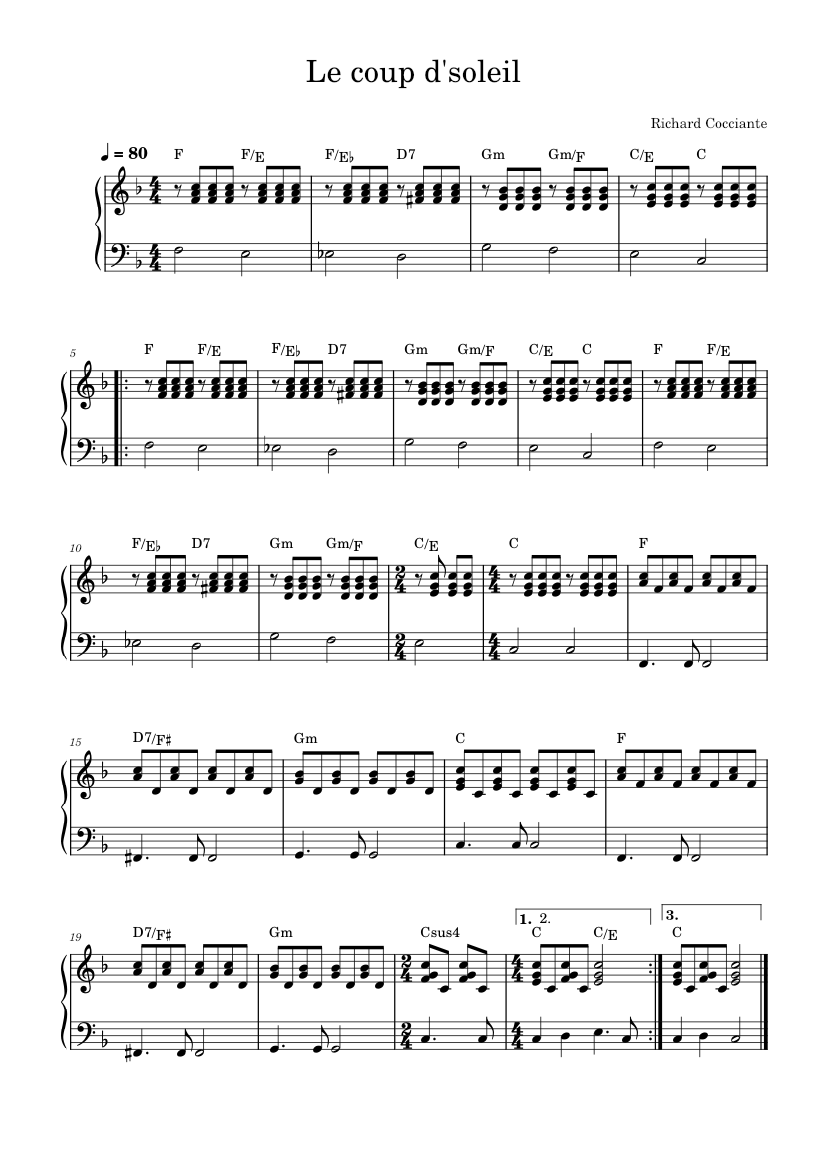 Le coup de soleil – Riccardo Cocciante Sheet Music with Chords for Piano (Solo) Easy | MuseScore.com