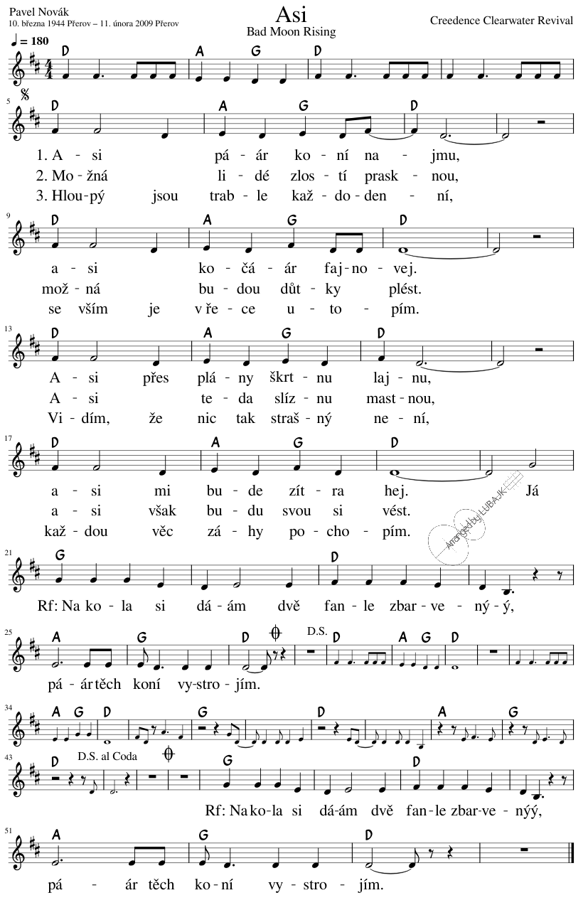 Asi/Bad Moon Rising – Pavel Novák/Creedence Clearwater Revival Sheet ...