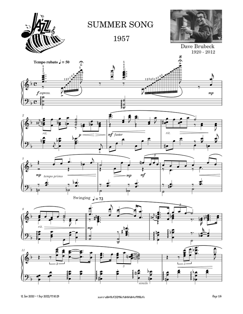 Summer Song – Dave Brubeck Sheet music for Piano (Solo) | Musescore.com