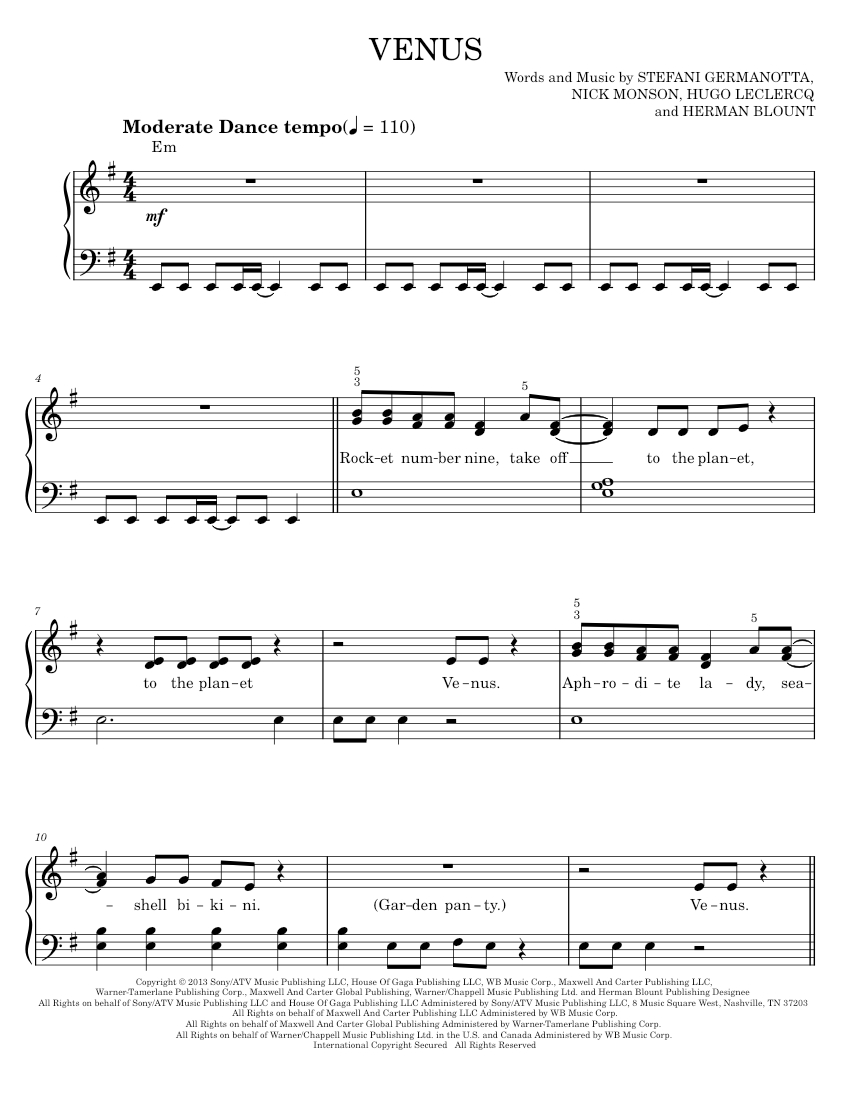 Play Official version of Venus sheet music by Lady Gaga for Piano ...