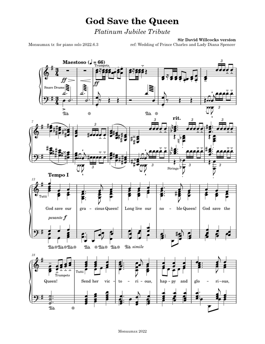 God Save the Queen – arr. Sir David Willcocks (piano solo) (Platinum ...