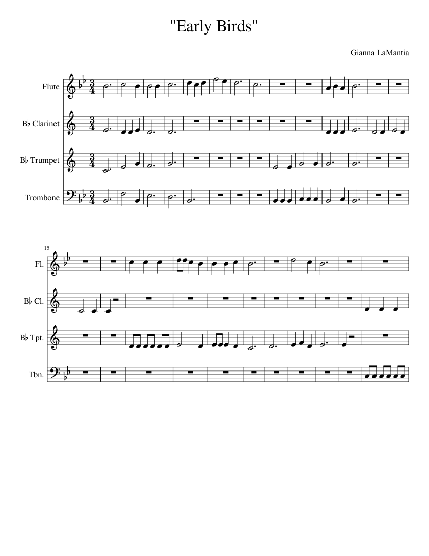 early birds Sheet music for Trombone, Flute, Clarinet in b-flat ...
