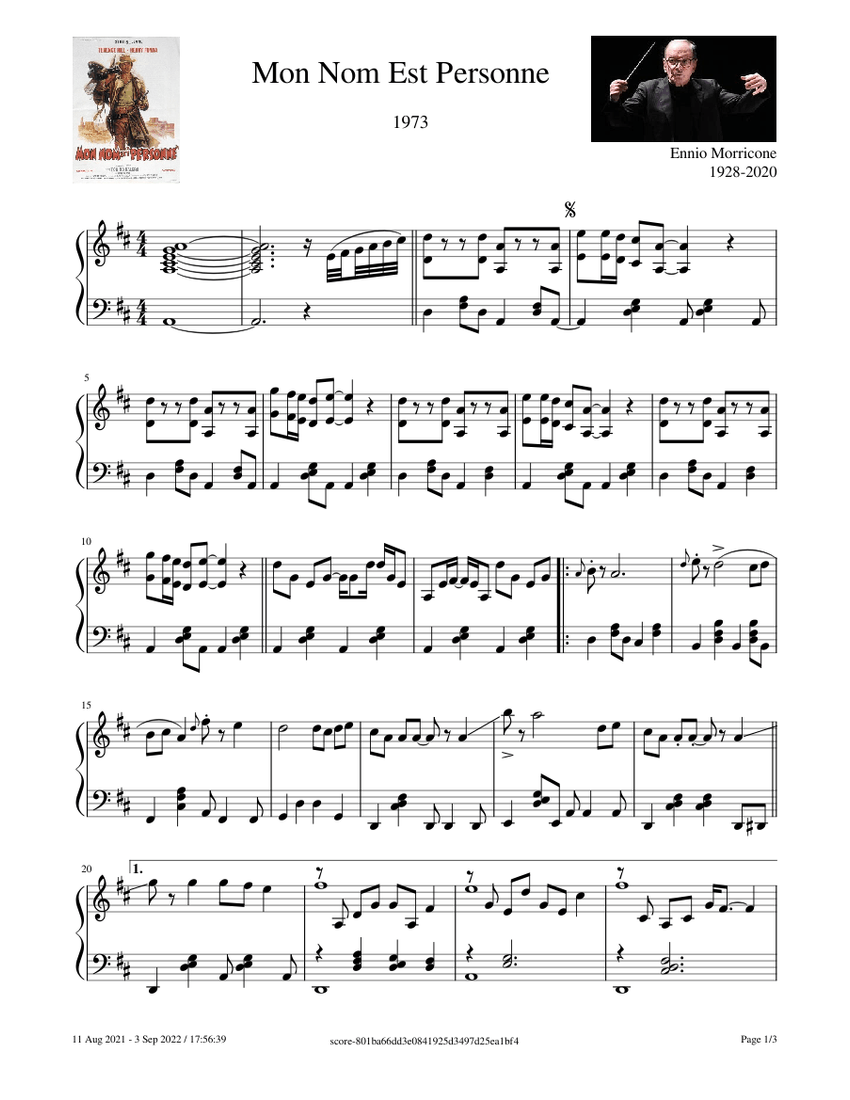 Mon Nom Est Personne – Ennio Morricone Sheet music for Piano (Solo ...