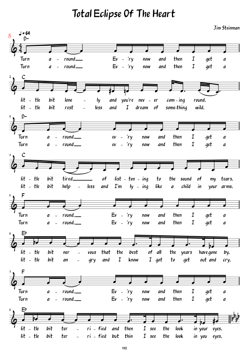 Total Eclipse of the Heart (Lead sheet with lyrics ) Sheet Music with Chords for Piano (Solo ...