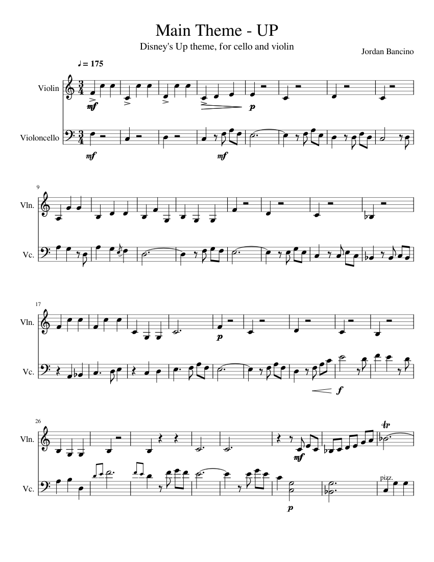 Up Theme – Michael Giacchino Up Theme Viola y Cello Duet Sheet Music for Violin, Cello (String ...