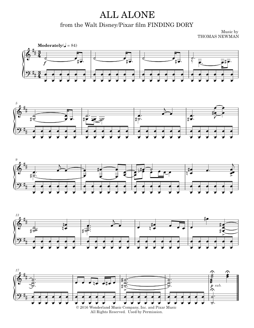 All Alone (from Finding Dory) Sheet music for Piano by Thomas Newman ...