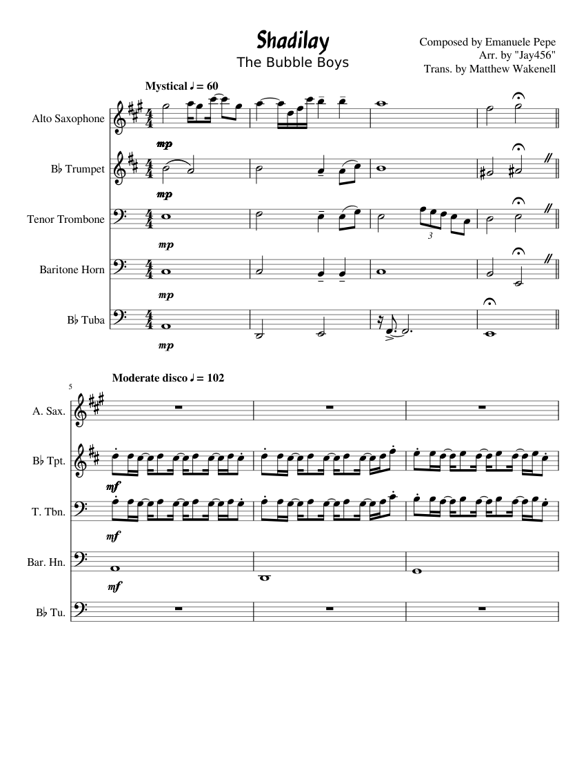 Shadilay Sheet music for Tuba, Trombone tenor, Saxophone alto, Trumpet ...