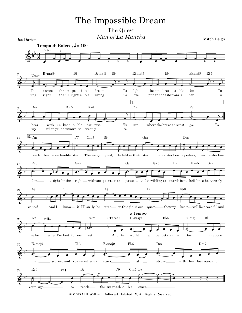 The Impossible Dream — Mitch Leigh and Joe Darion Sheet Music for Piano (Solo) Easy | MuseScore.com