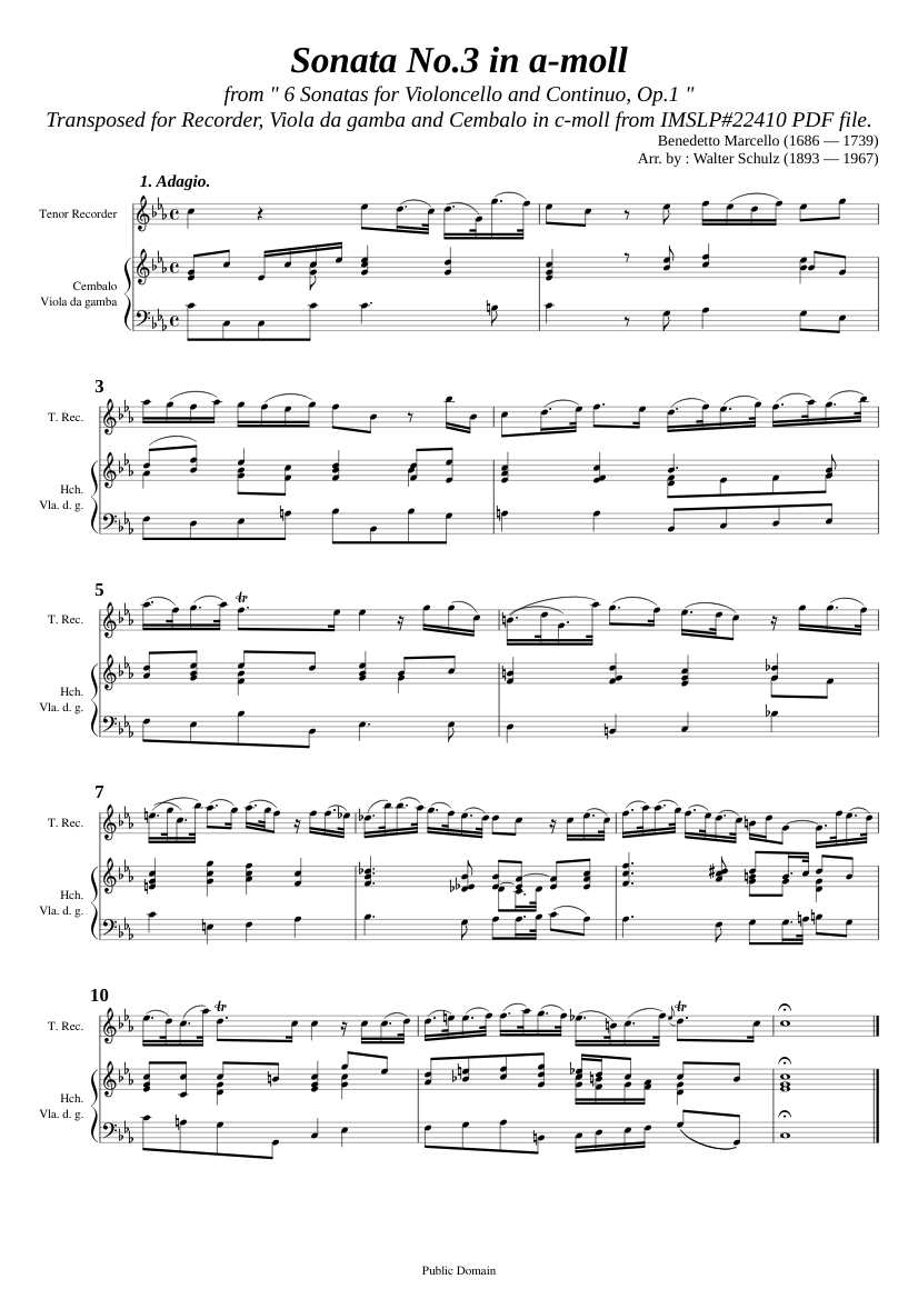 Marcello, B. _ Cello Sonata Op.1 No.3 a-moll [Rec, Viol, Hch] Sheet music for Harpsichord ...