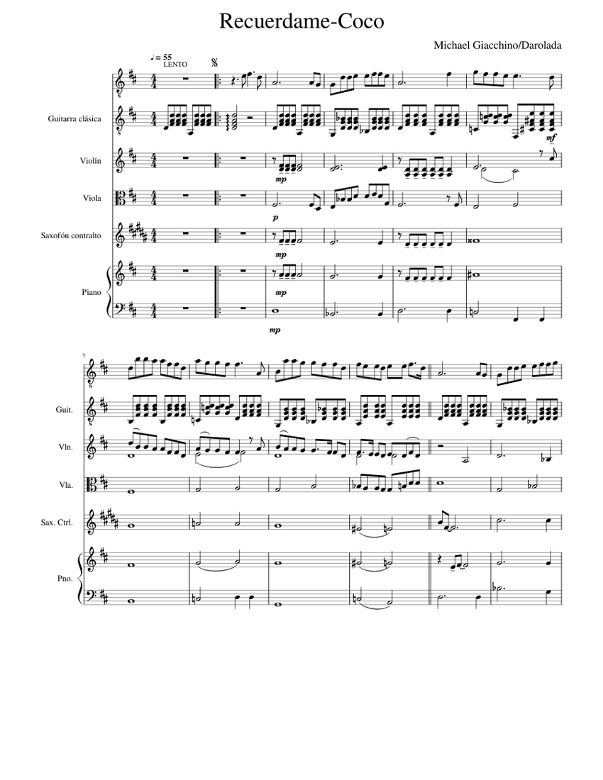 Recuerdame-Coco Sheet music for Piano, Saxophone alto, Violin, Viola ...