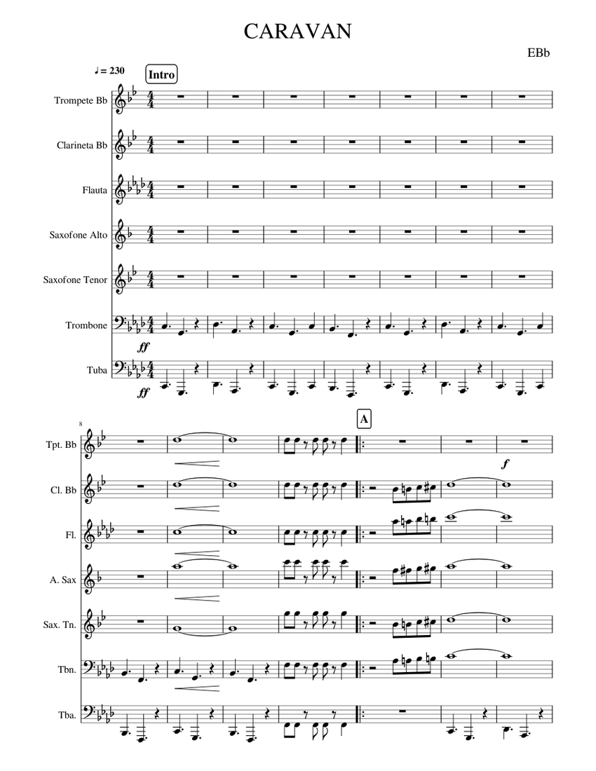 CARAVAN Sheet music for Trombone, Tuba, Flute, Clarinet in b-flat ...