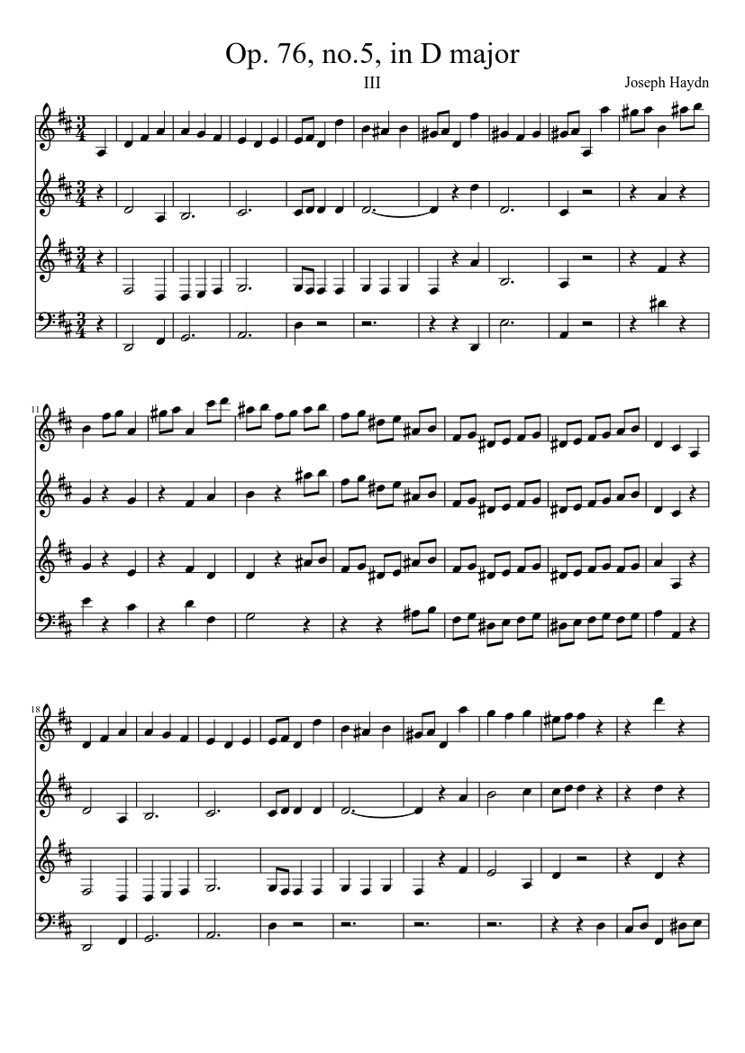 Joseph Haydn - String quartet - Op. 76, no.5, in D major - Movement III Sheet music for Violin ...