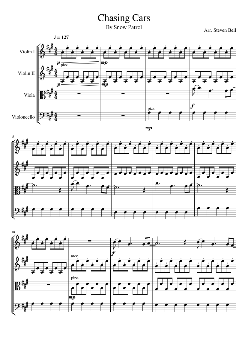 Chasing Cars Sheet Music for Violin, Viola, Cello (String Quartet ...