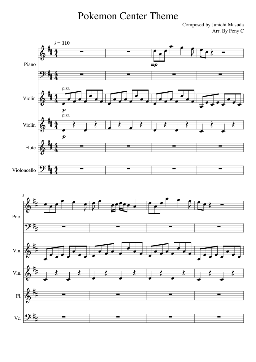 Pokemon Center Theme - Piano, 2 Violin, Cello, Flute Sheet Music for ...