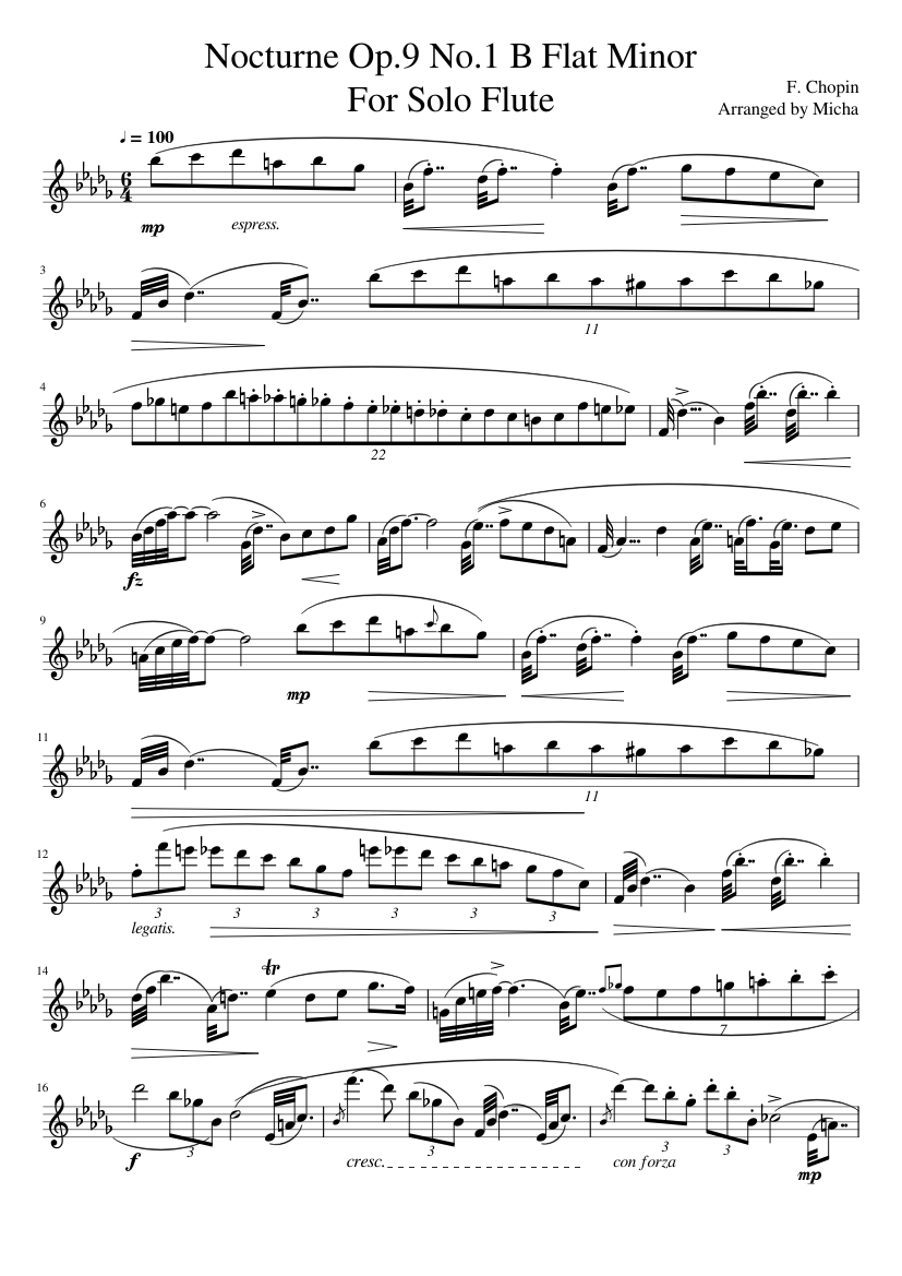 Nocturne Op.9 No.1 B Flat Minor For Solo Flute Sheet Music for Flute (Solo) | MuseScore.com