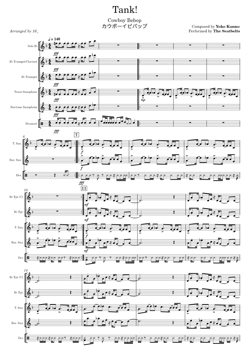 Tank! Cowboy Bebop • Half Band (E♭ and B♭) Sheet music for Saxophone ...
