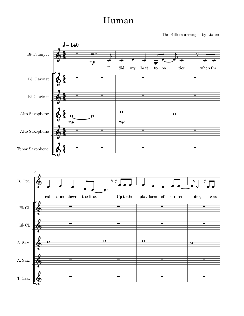Human – The Killers - 6 instruments Sheet Music for Clarinet in b-flat ...
