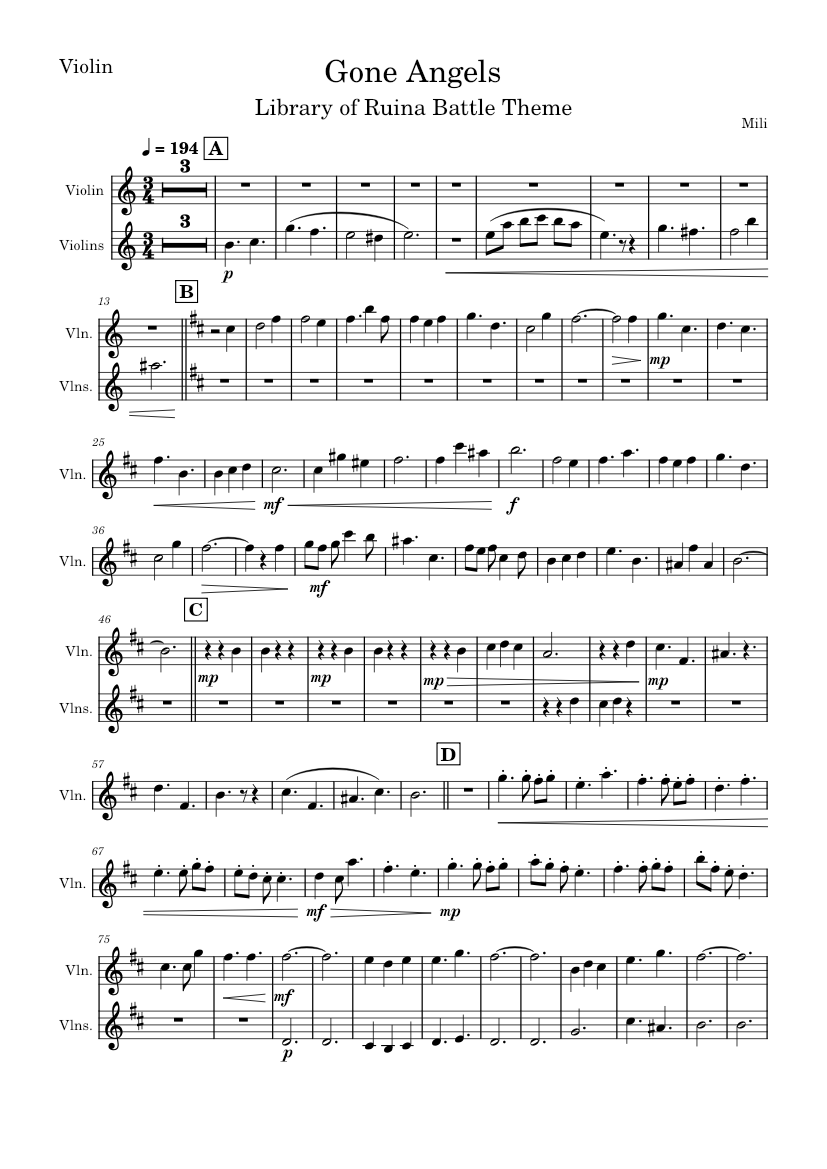 Mili - Gone Angels-Violin Sheet Music for Violin, Strings group (Solo ...