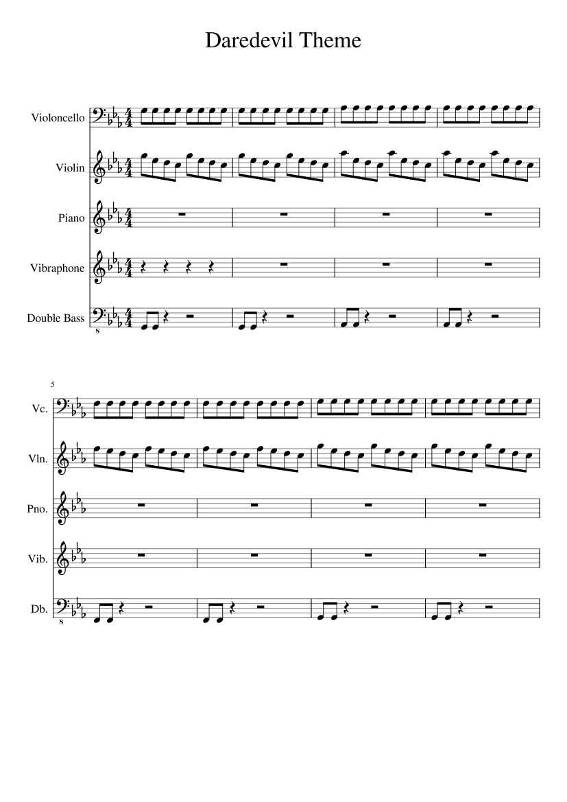 Daredevil Theme Sheet music for Piano, Contrabass, Vibraphone, Violin ...