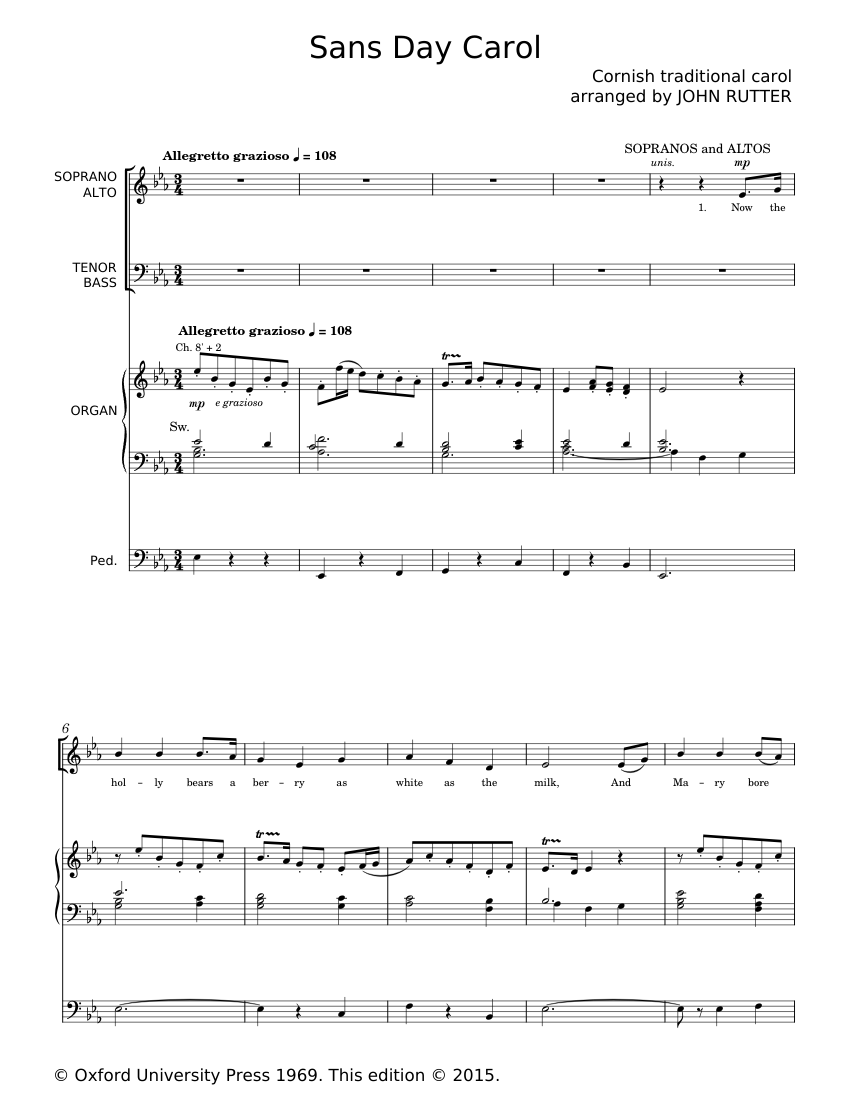 Sans Day Carol Sheet Music for Organ, Vocals (Mixed Quintet ...