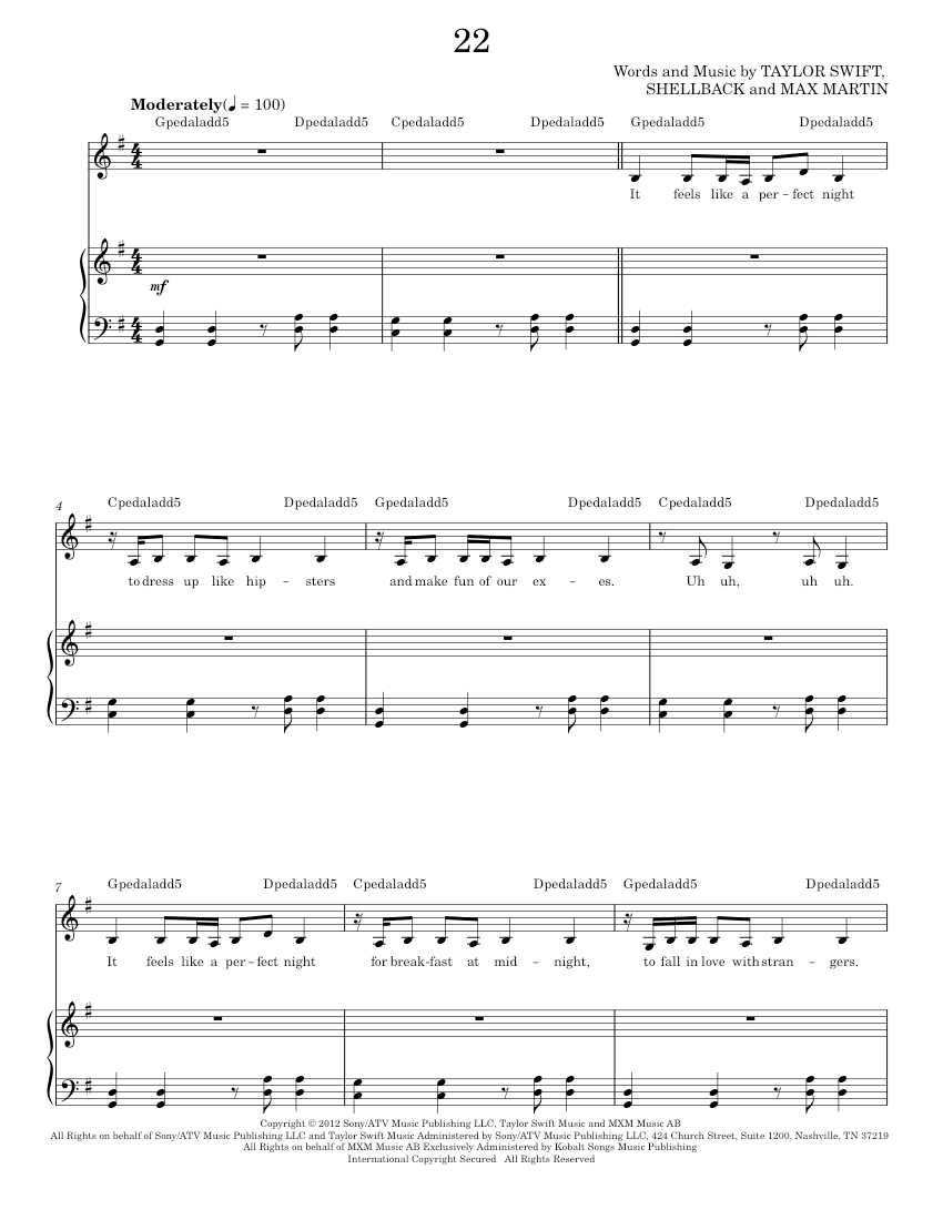 22 Sheet music for Piano, Vocals by Taylor Swift: Music Notes by MuseScore