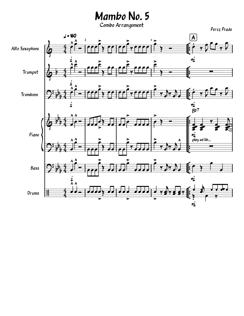 Mambo No. 5 Combo Arr. – Perez Prado Sheet music for Piano, Trombone, Saxophone alto, Trumpet in ...