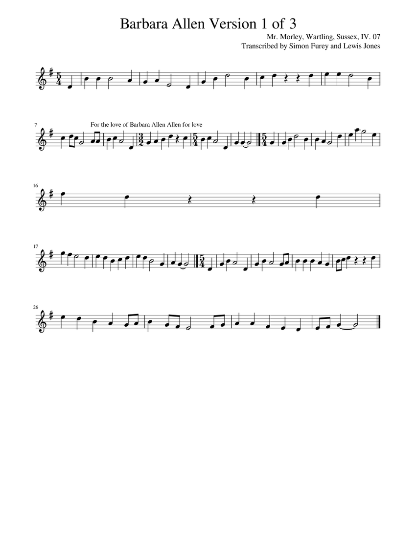 Barbara Allen Version 1 of 3 Sheet music for Piano (Solo) Easy ...