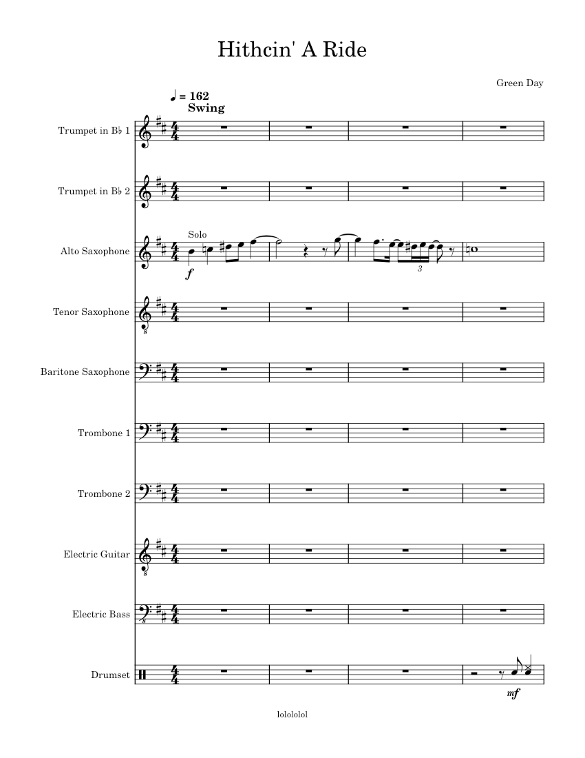 Hitchin' A Ride – Green Day Sheet Music for Trombone, Saxophone alto ...