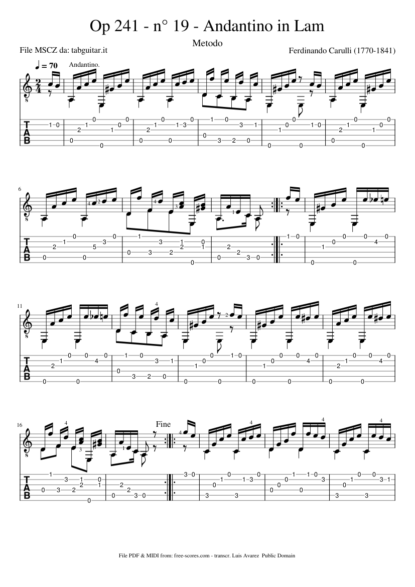 Metodo, op 241 n° 19, Andantino – Ferdinando Carulli Sheet music for Guitar (Solo) | Musescore.com