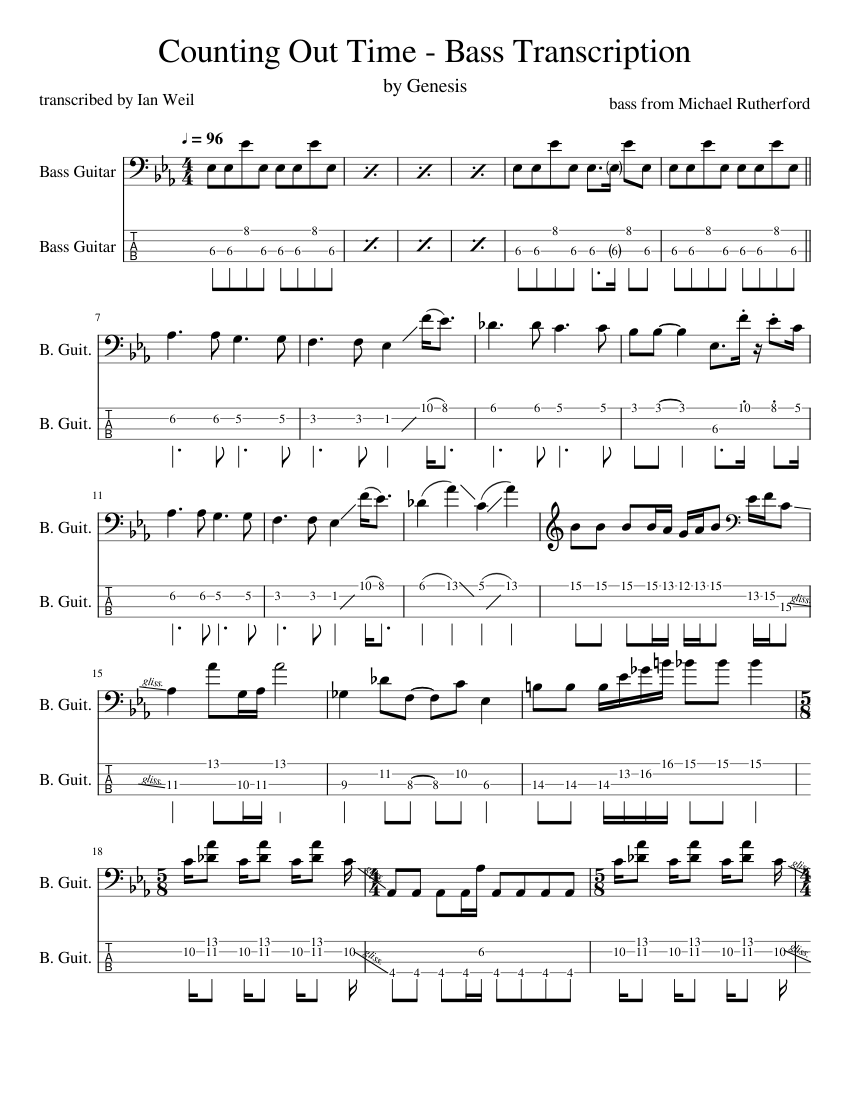 Genesis - Counting Out Time (Bass Transcription) Sheet music for Bass ...