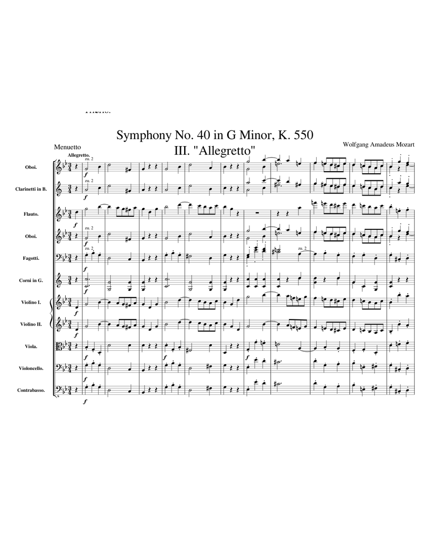 Mozart: Symphony No. 40 in G Minor, K. 550: III. "Allegretto" Sheet music for Flute, Clarinet ...