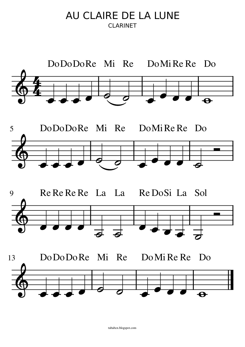 AU CLAIRE DE LA LUNE Clarinet Sheet Music for Piano (Solo) Easy ...