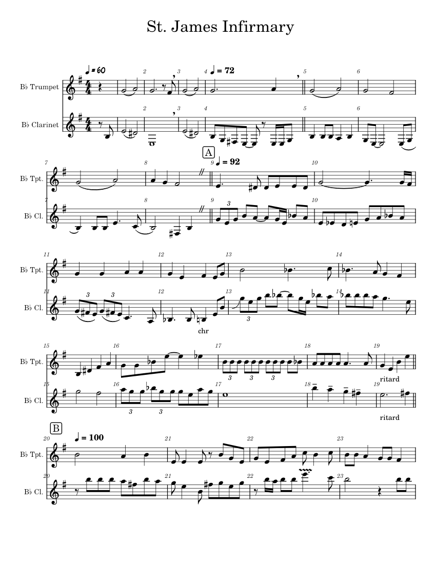 St. James Infirmary trumpet-clarinet duet Sheet music for Clarinet in b-flat, Trumpet in b-flat ...