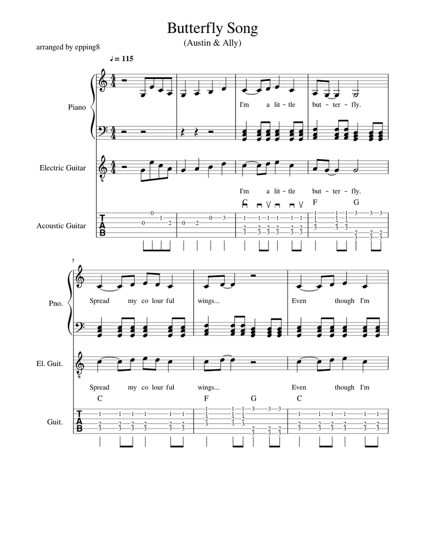 Butterfly Song Sheet music for Piano, Guitar (Mixed Quartet ...