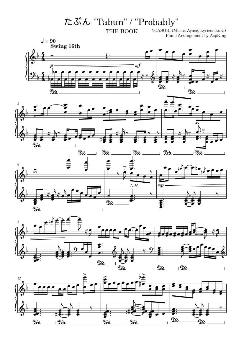 Probably たぶん (Tabun ) - YOASOBI Sheet music for Piano (Solo) | Musescore.com