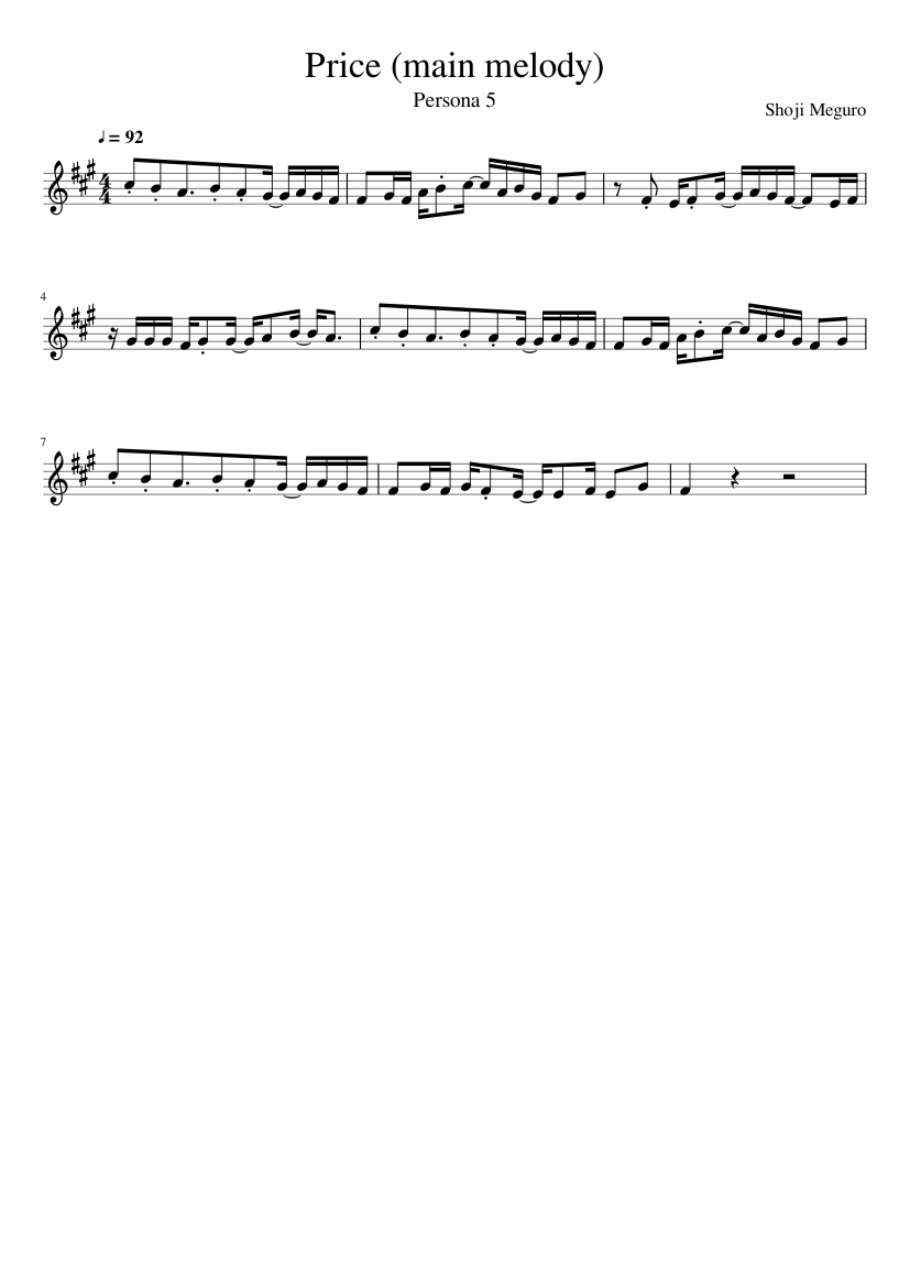 Persona 5 - Price (main melody) Sheet Music for Piano (Solo) Easy ...